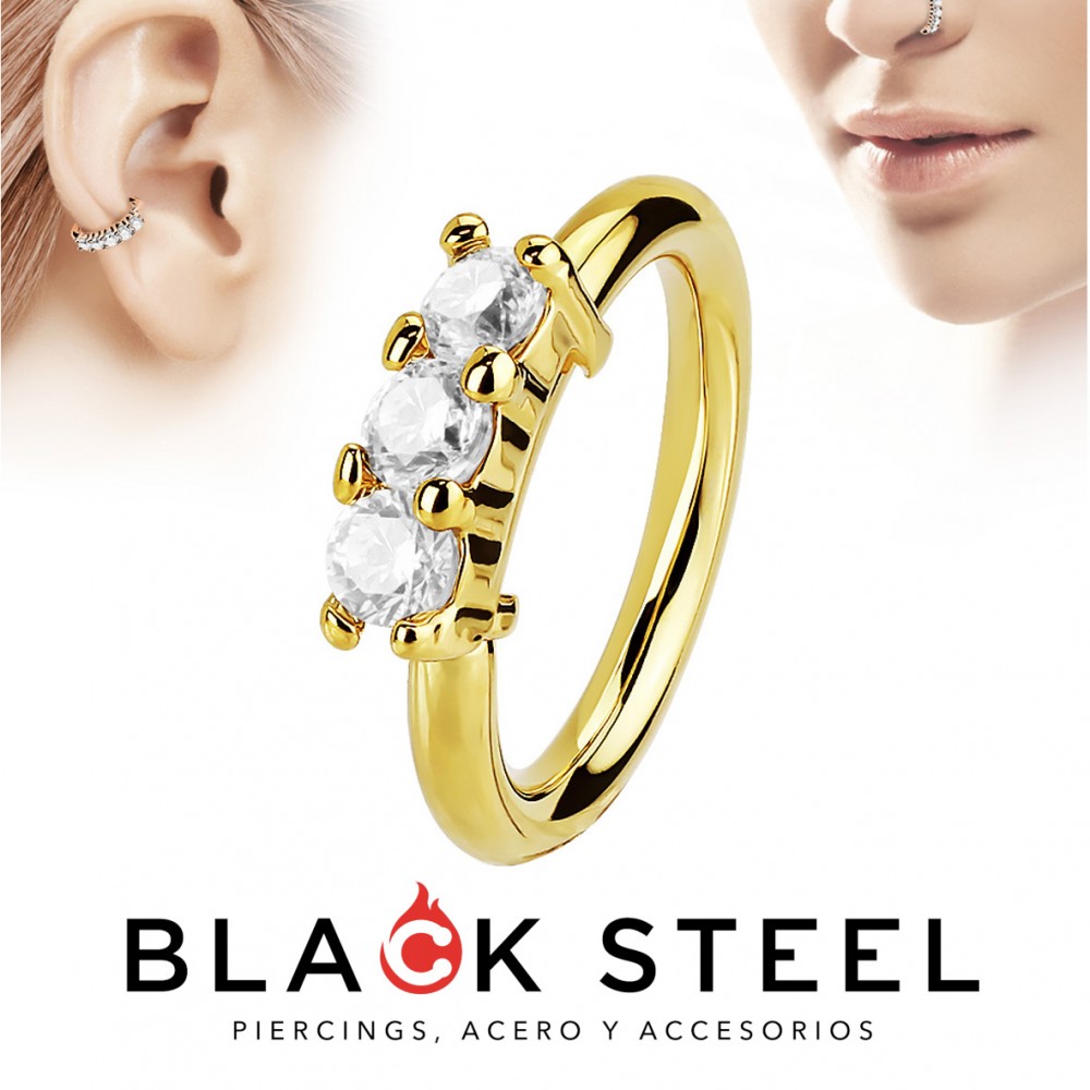 Argolla Abre Fácil 3 Piedras Anodizado | Black Steel Piercing